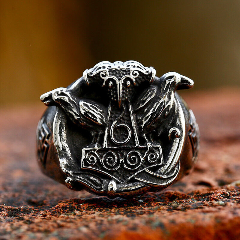 Hrafnmjölnir - Old Norse Raven & Mjölnir Ring | Viking & Pagan Jewelry ...