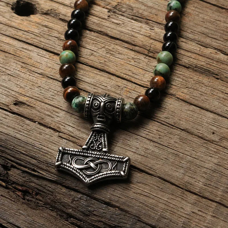 Gungnir or Mjölnir Amulet with Hand-Threaded Gemstone Beads