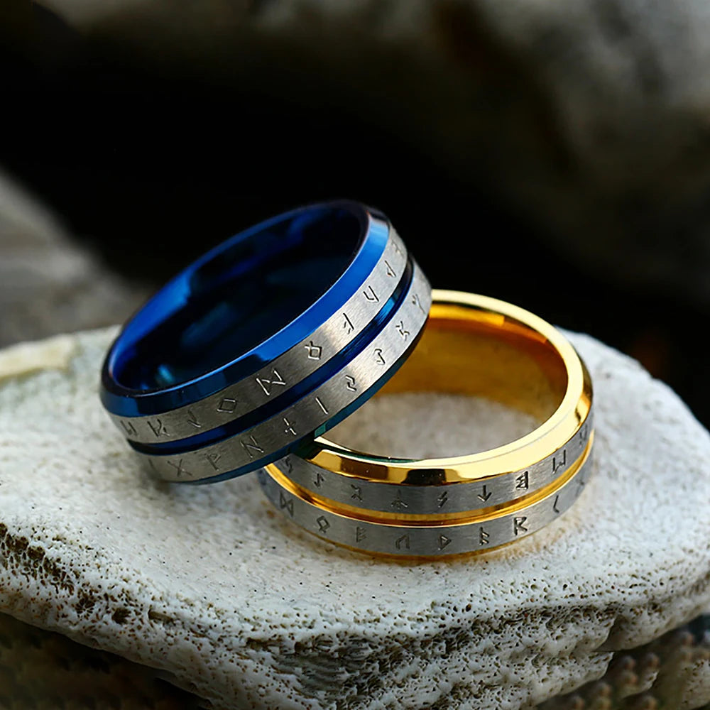 Norse-Inspired Double-Banded Rune Ring with Glossy Inner Finish